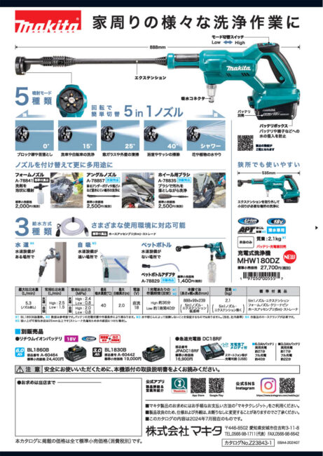 マキタ MHW180D 充電式洗浄機【ハンディタイプ】MHW180DZ が遂に発売！